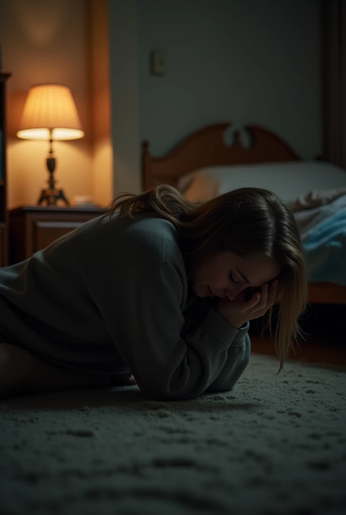 In a dim room, illuminated only by the warm, weak light of a table lamp ...