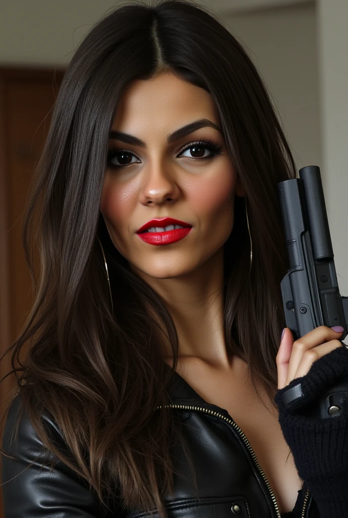 Sexual young lean skinny American riot police woman with perfect glossy red lips - SeaArt AI