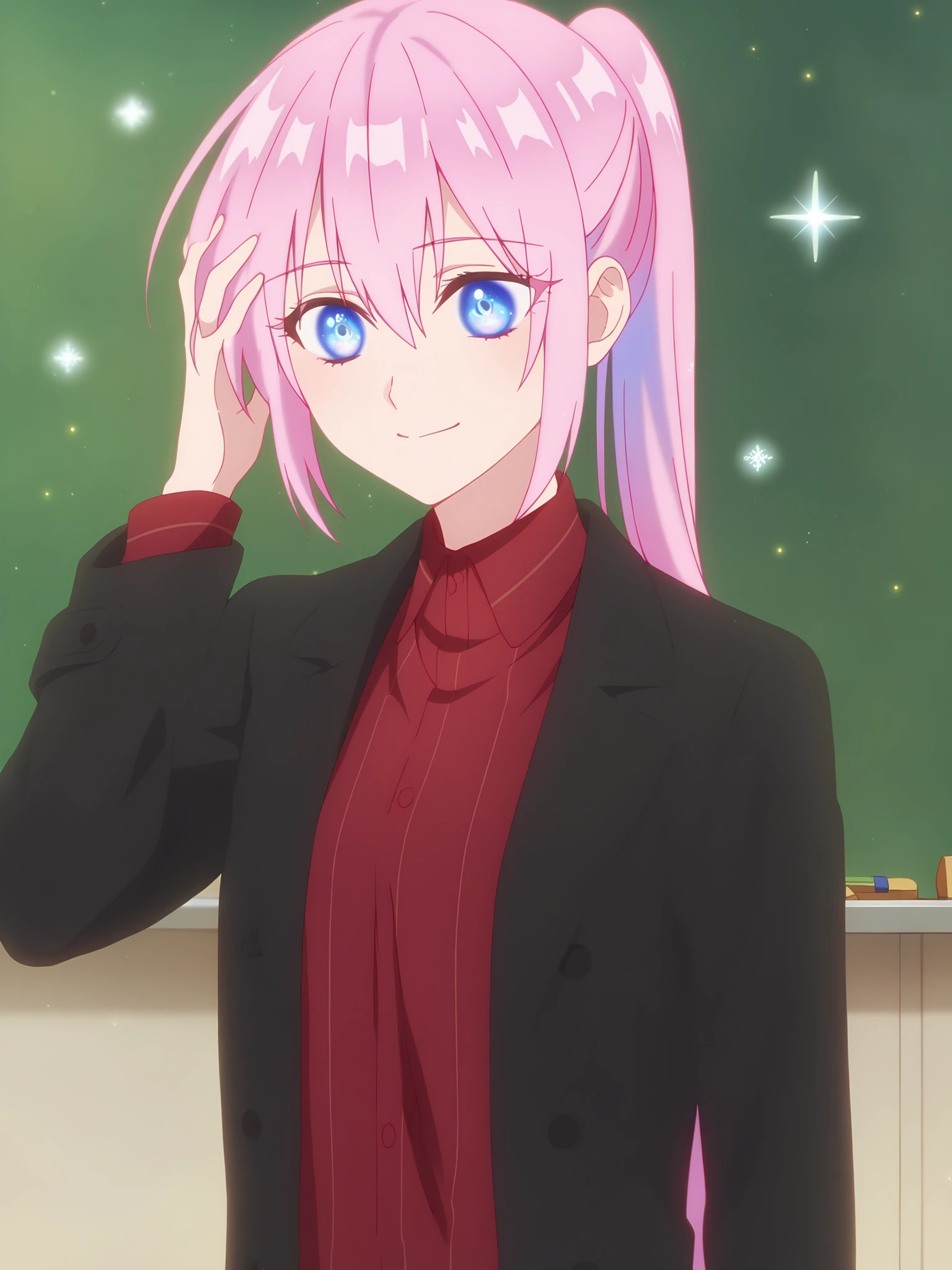 Shikimori, 1girl, solo, blue eyes, pink hair, ponytail, open long black ...