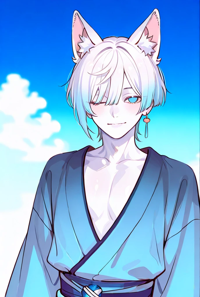 Beautiful boy。white skin。The bluish hair is fluffy々Bouncing。Wolf cut with a slig - SeaArt AI