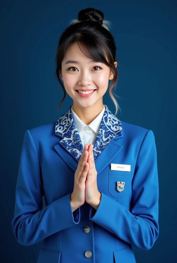 Realistic front-facing camera shot of a smiling Korean flight attendant ...