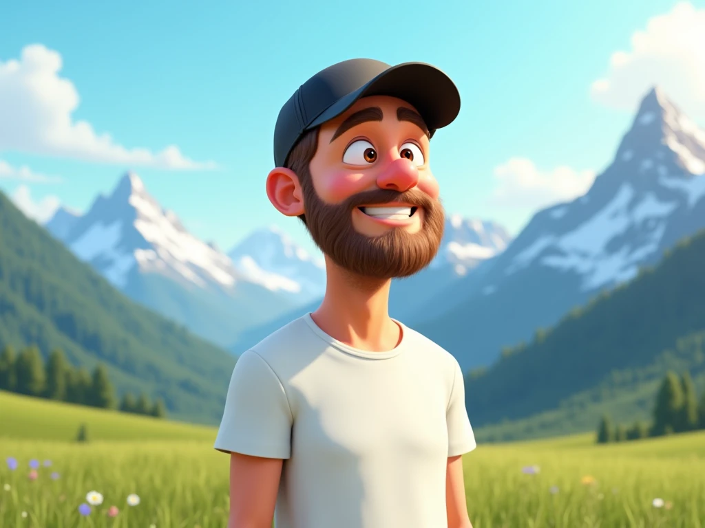 Pixar style , a 40-year-old man, with a 1-day beard , white t - SeaArt AI