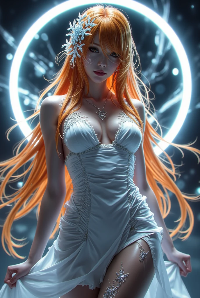 Long Orange Hair snowflake hair ornament ((Bleach Orihime Inoue - SeaArt AI