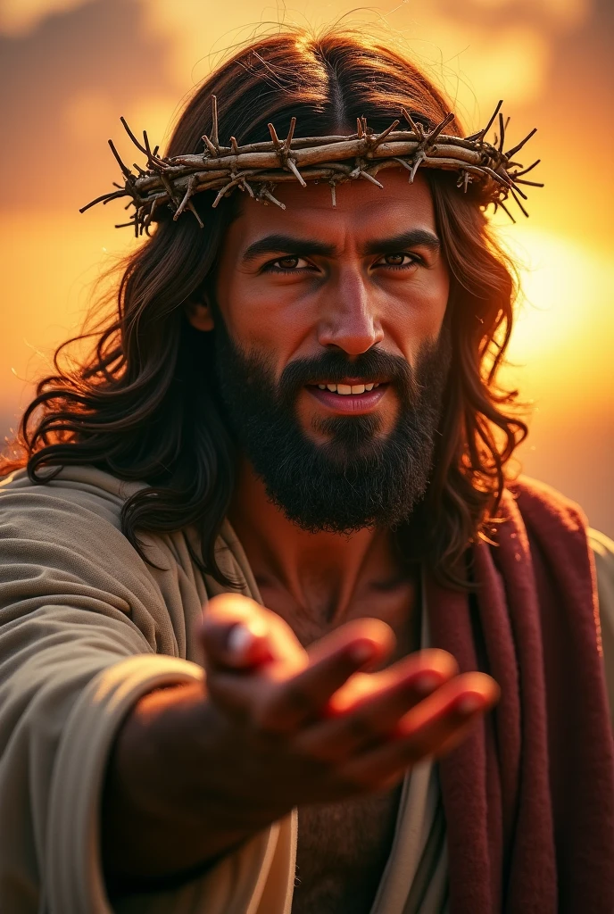 The image is a dramatic, emotionally charged portrait of Jesus Christ ...
