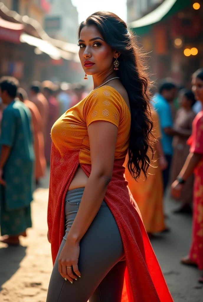Beautiful big and chubby Indian woman with Kurti, legging, tight curidar in a ma - SeaArt AI