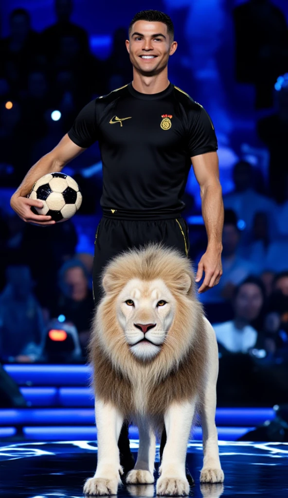 Cristiano Ronaldo stands confidently on a grand, glowing TV show stage - SeaArt AI