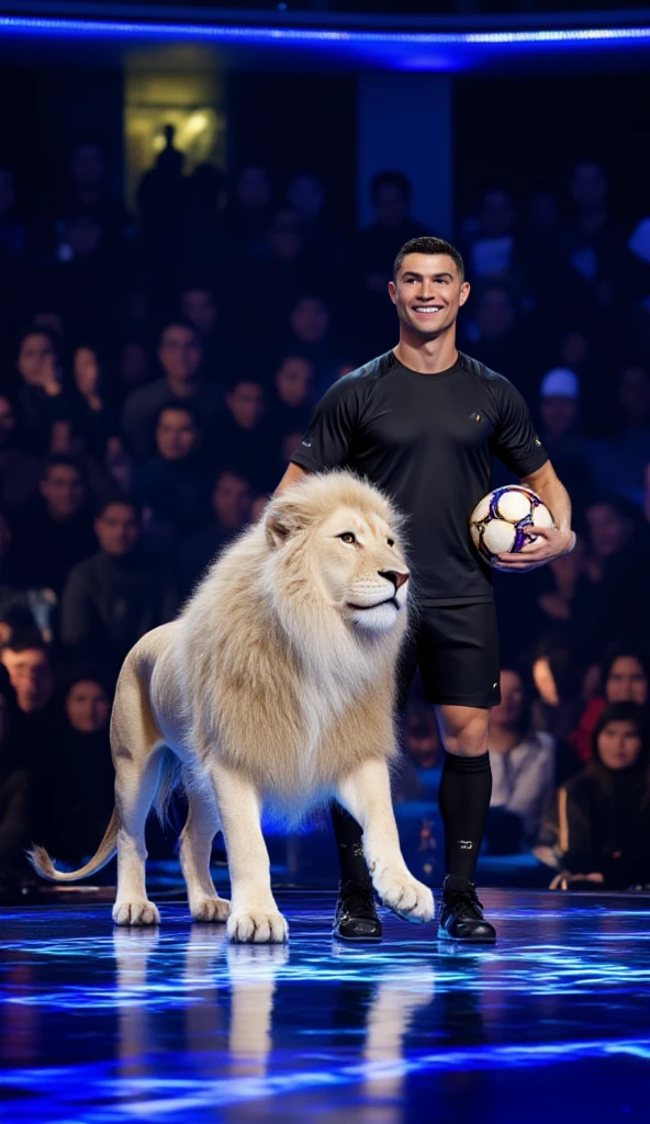 Cristiano Ronaldo stands confidently on a grand, glowing TV show stage - SeaArt AI