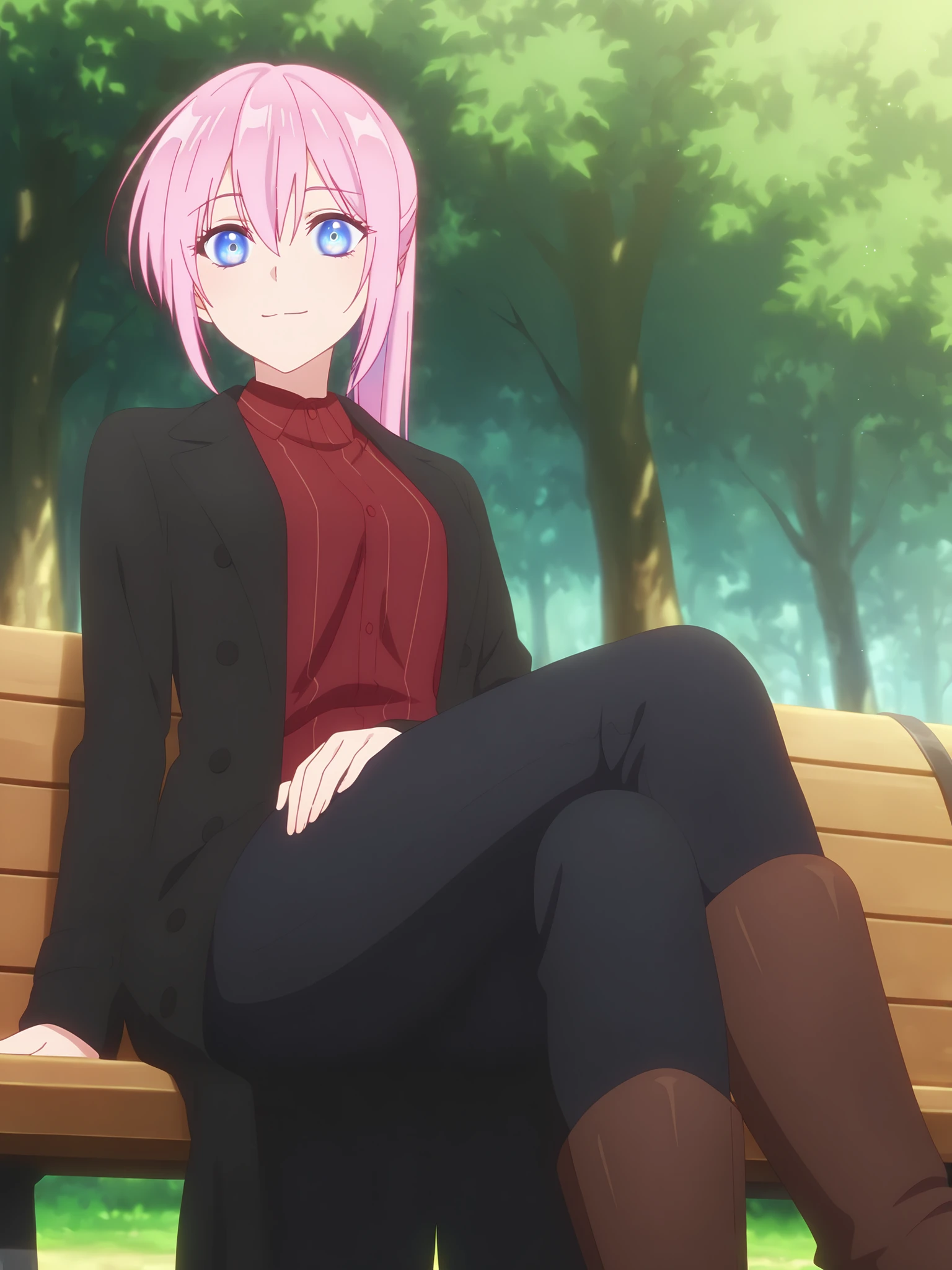Shikimori, 1girl, solo, blue eyes, pink hair, ponytail, open long black ...
