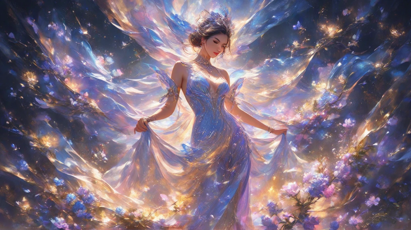 An ethereal female figure surrounded by bright and delicate flowers ...