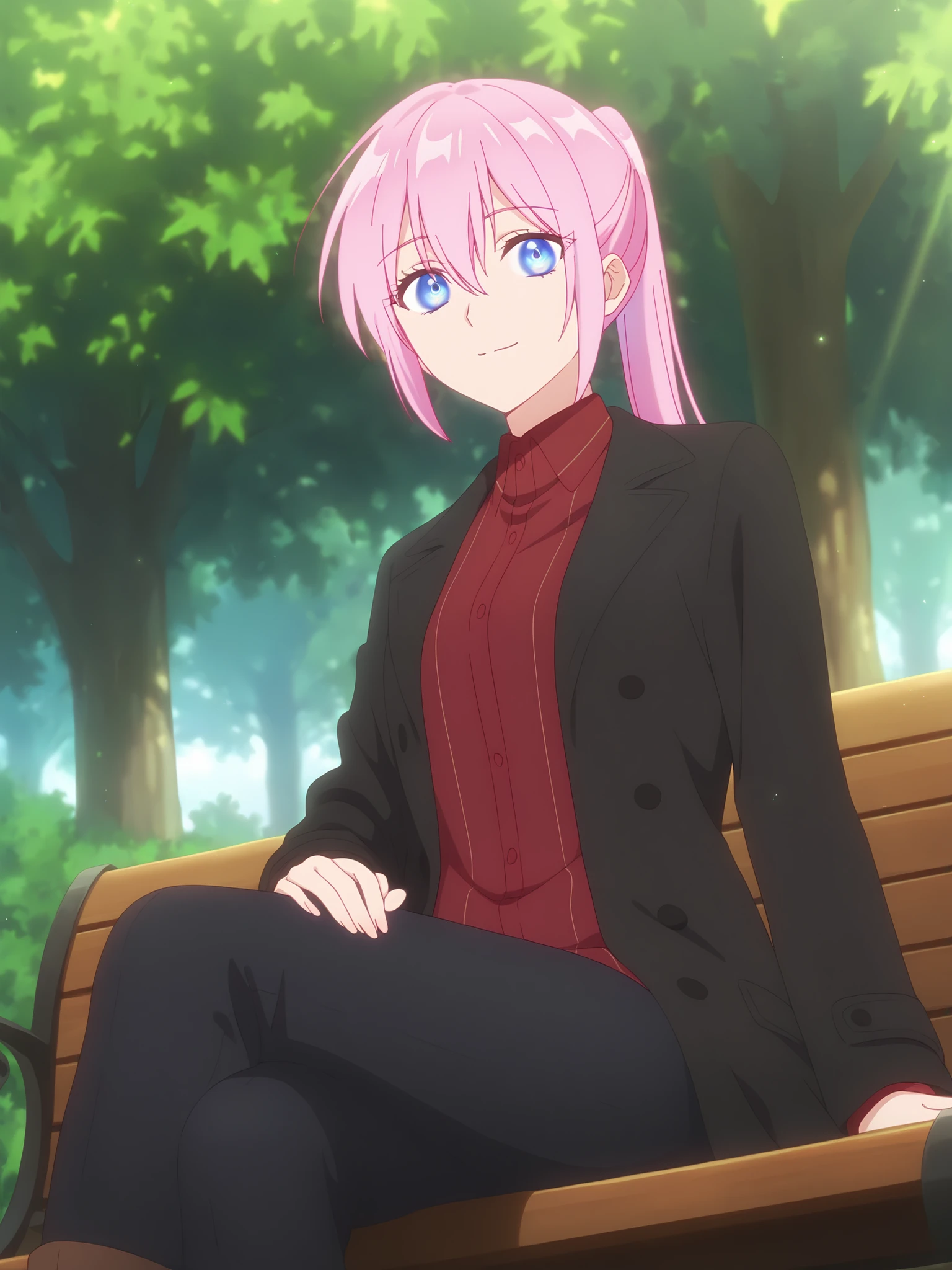 Shikimori, 1girl, solo, blue eyes, pink hair, ponytail, open long black ...