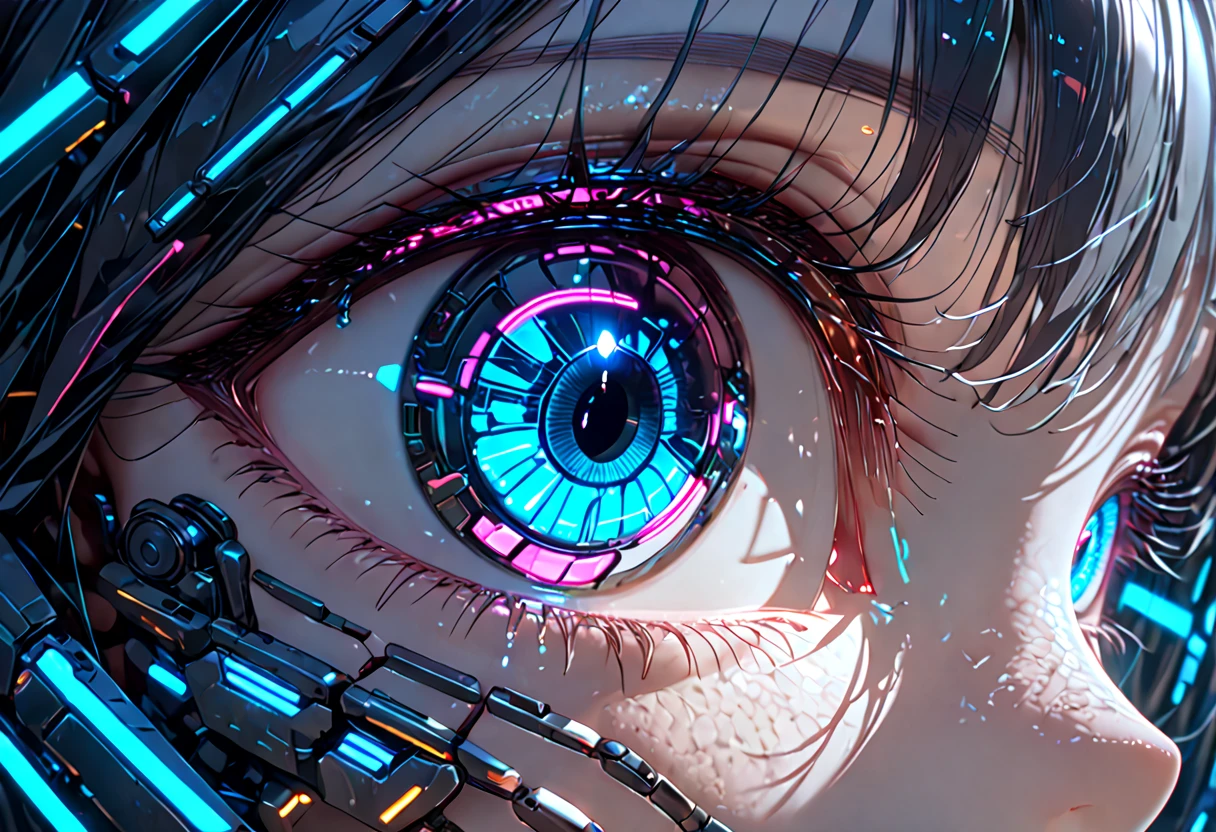 A highly detailed close-up of a cybernetic eye implant, seamlessly ...