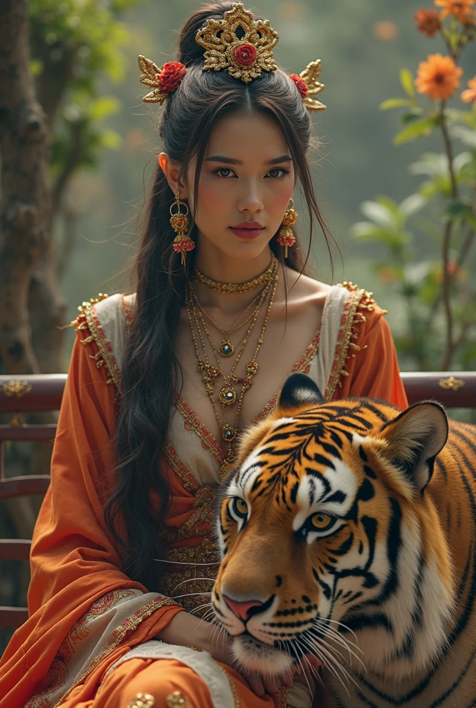There is a woman sitting on a bench with a tiger, sacred tiger - SeaArt AI