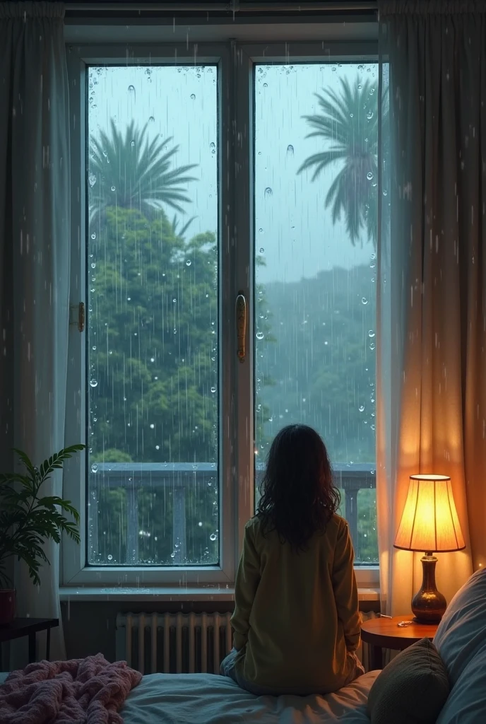 A scene of a rain and thundering from the room window - SeaArt AI