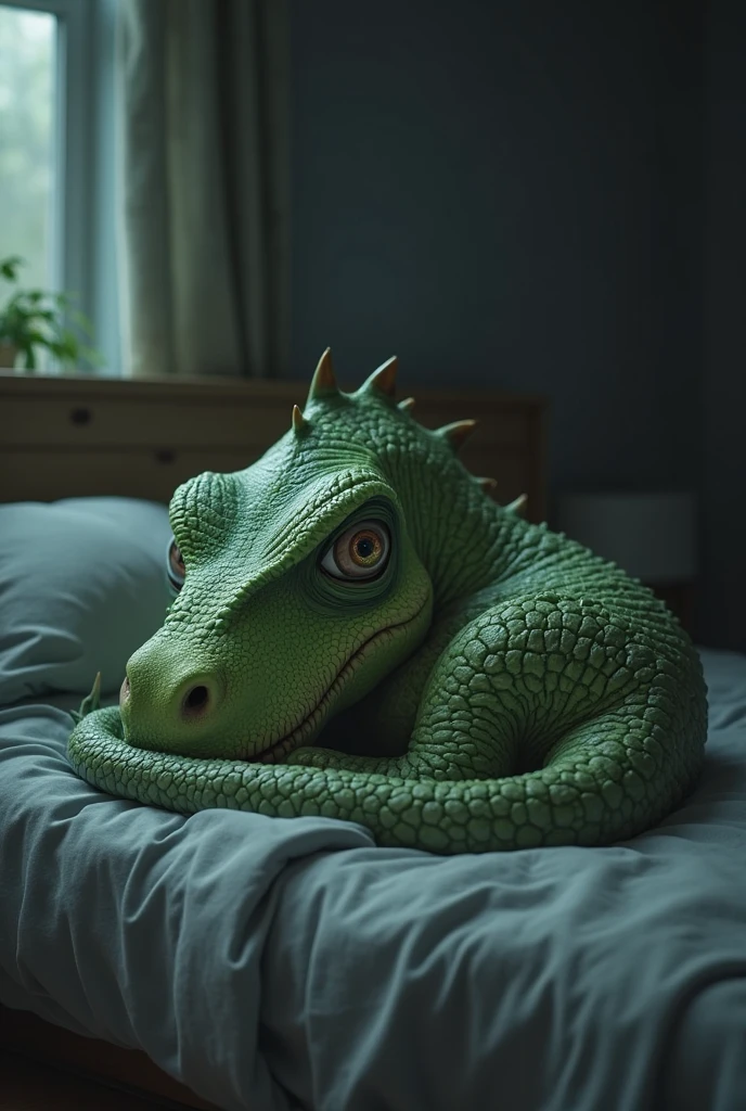 Sad green dinosaur, frightened, Lying in his bed covered with blankets ...