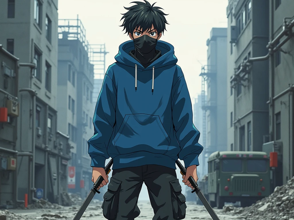 Tall, lean, and athletic Sixteen year old anime boy with hoodie of blue ...