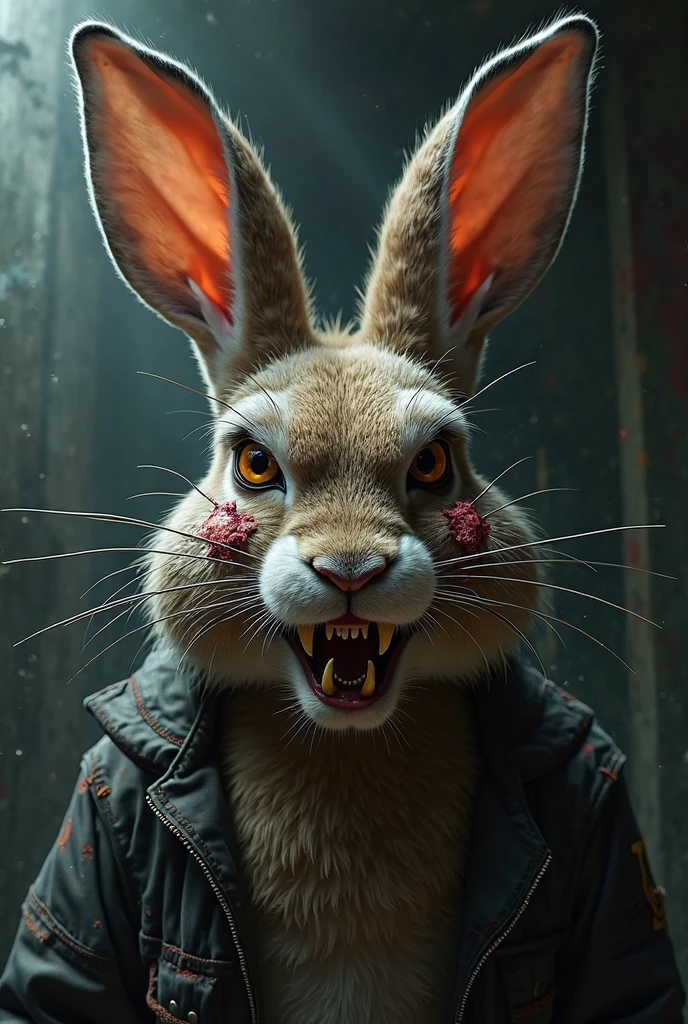 Straight face, gangster rabbit, mafia, clenched teeth, face with wounds ...