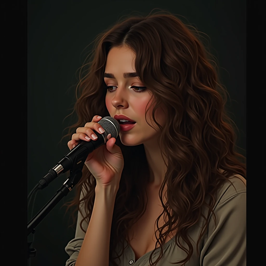 Beautiful woman emotionally sings into the microphone ,has brown hair ...