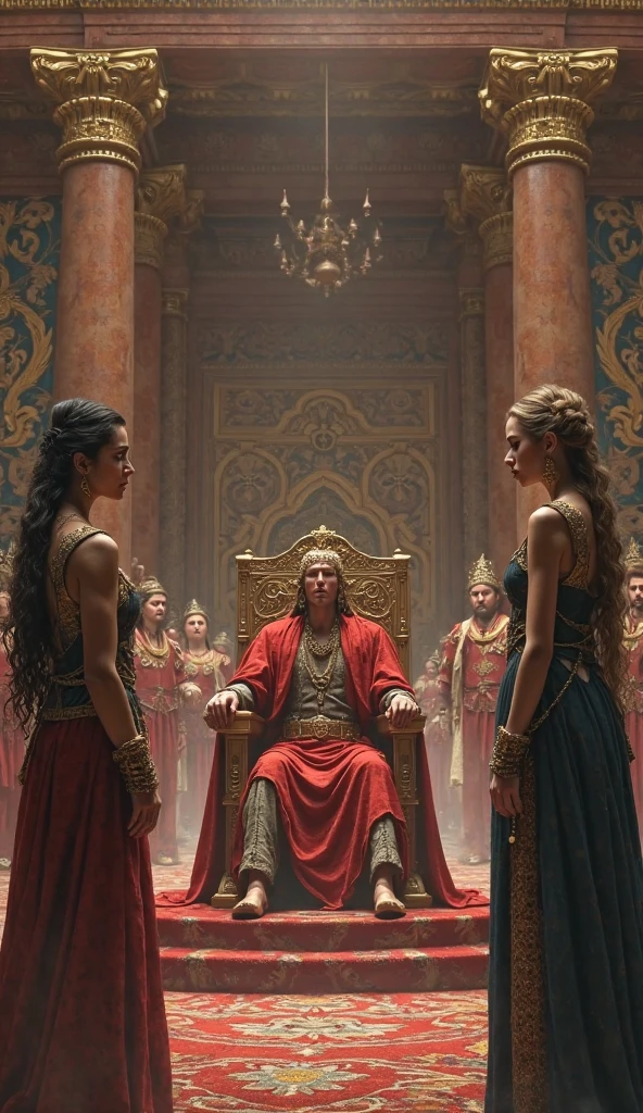 An intense courtroom scene in an ancient palace. Two women argue ...