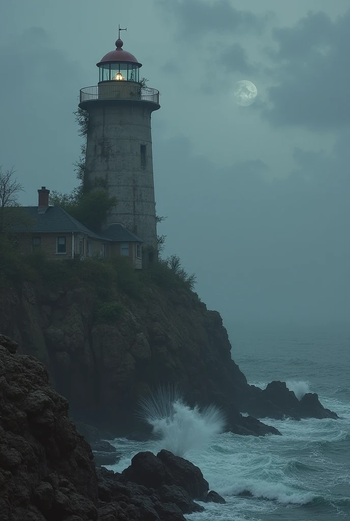 A foggy, decaying lighthouse perched on a cliff by the ocean - SeaArt AI