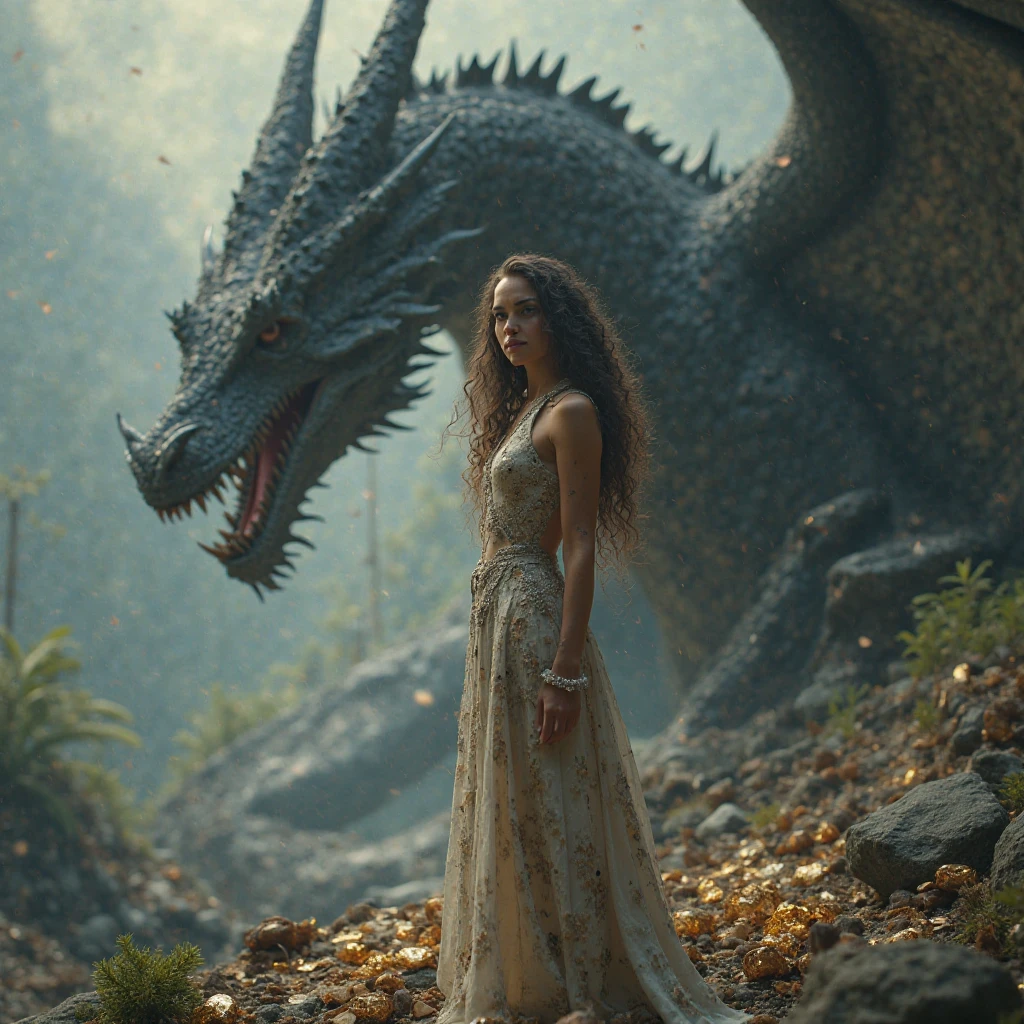 Female human with long curly hair , her body is full of dragon ...