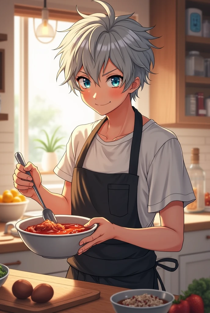A ager with disheveled silver hair and bright blue eyes is in the ...