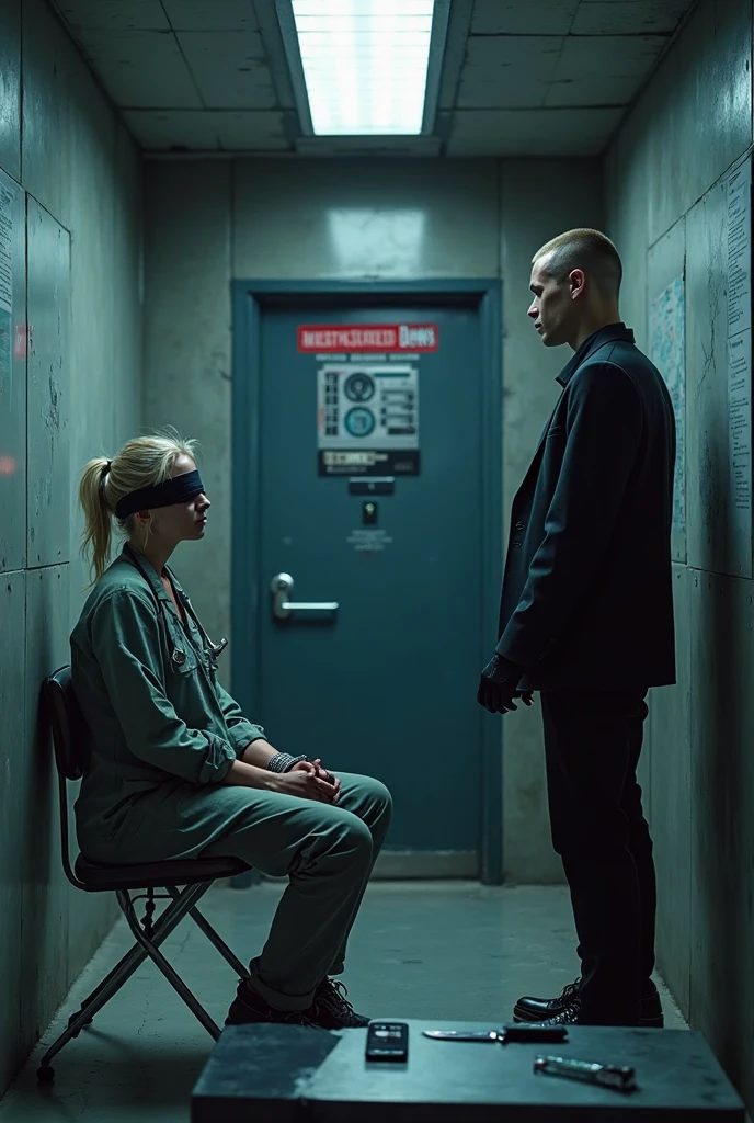 A chilling interrogation scene in a sterile, pitch-black room with ...
