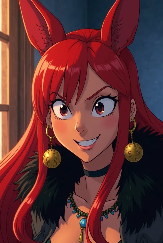 ominous smirk , long bright red hair, Iroquois, large pointy ears ...