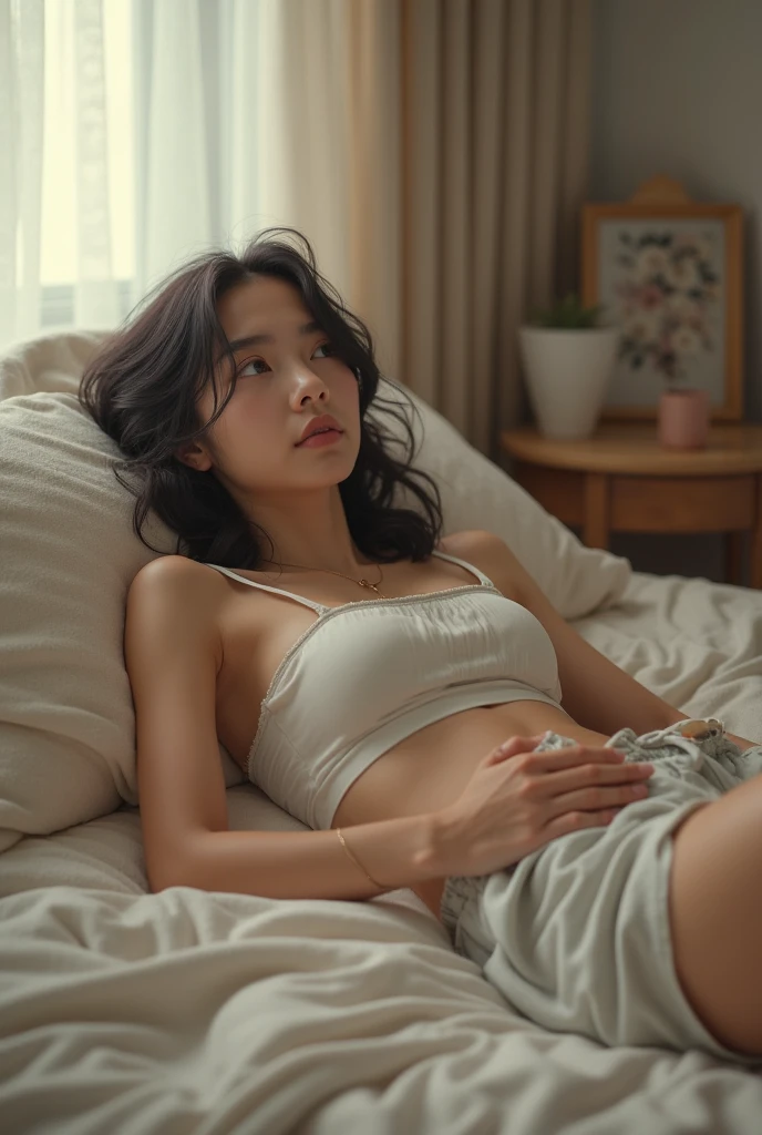 Generate a realistic image of a girl laying on her back in a bed wearing a crop - SeaArt AI
