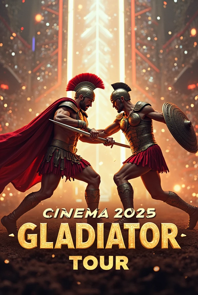Red and gold image recreating a gladiator fight with a text that says ...