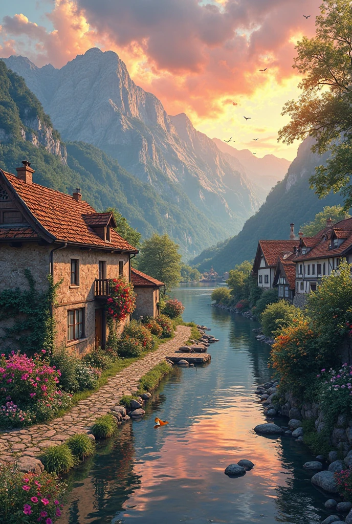 A small village by the river, mountains in the background, colorful ...