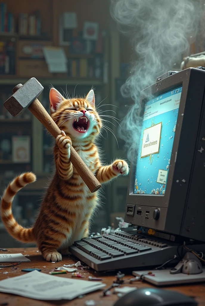 Cat with hammer crying next to a computer - SeaArt AI