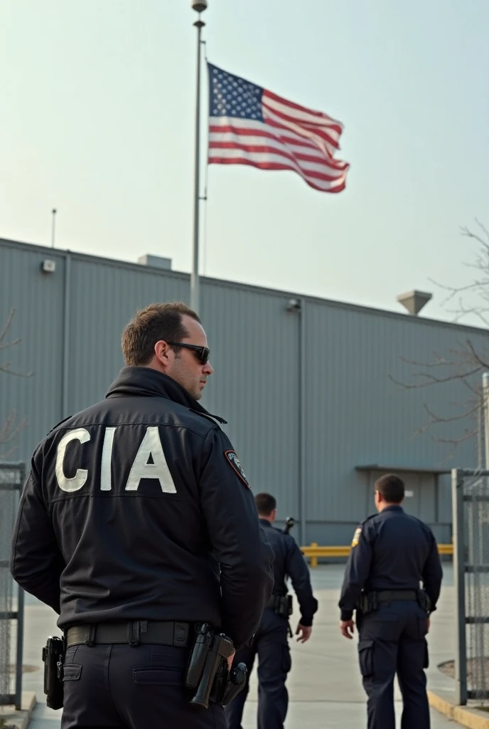 A CIA agent stands in the foreground, wearing a black tactical jacket ...