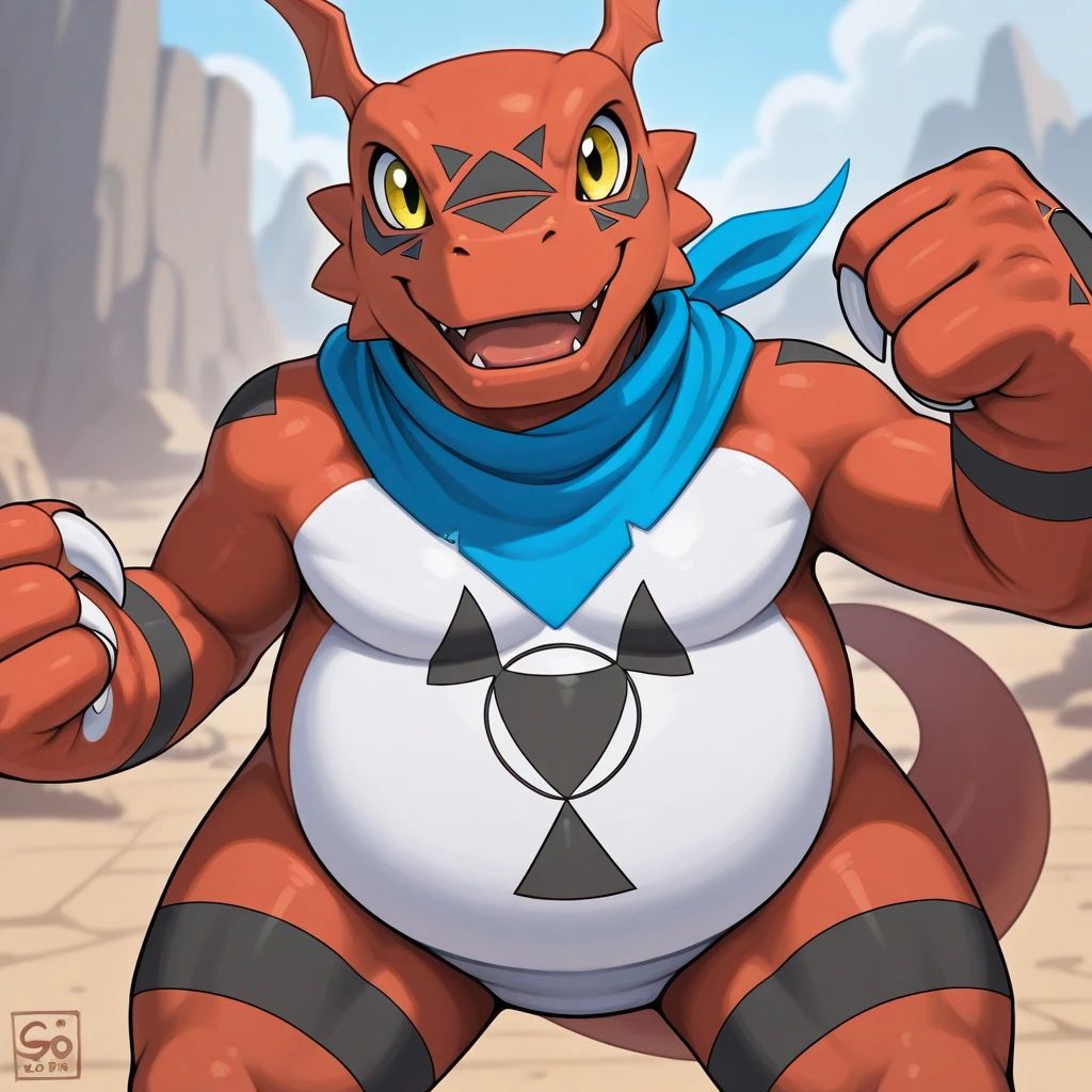Male anthro guilmon, chubby, wears a blue scarf, smiling, ready to ...