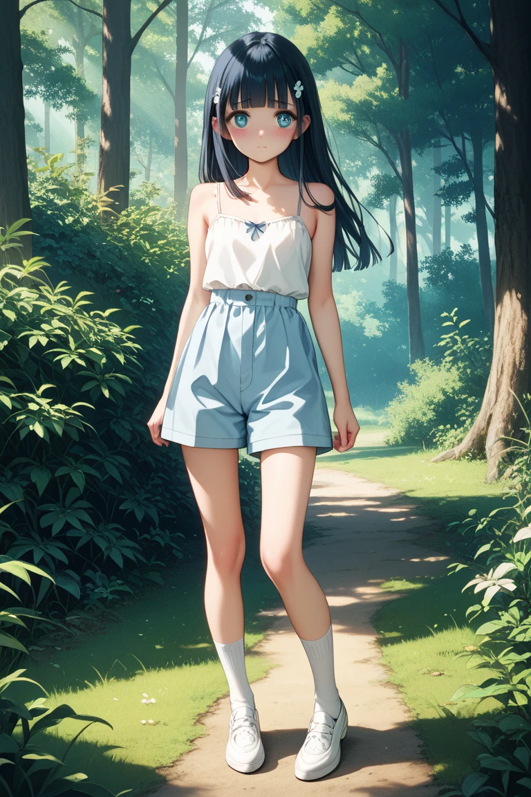 A shy and gentle girl standing shyly in a rural schoolyard under soft ...