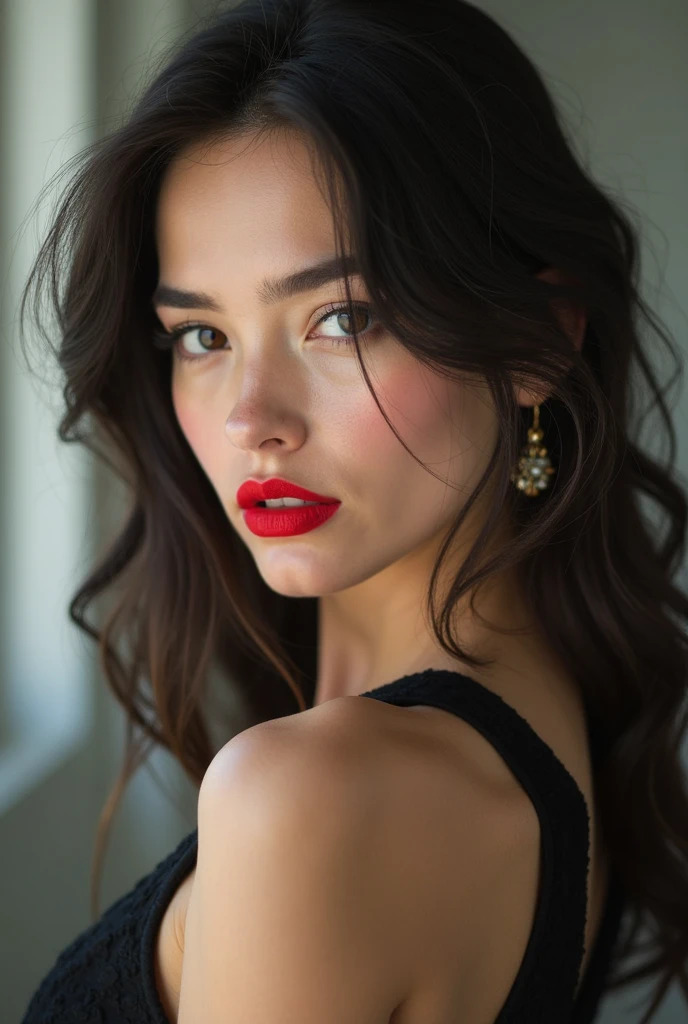 A woman wearing a red lipstick and a black dress is posing for a photo ...