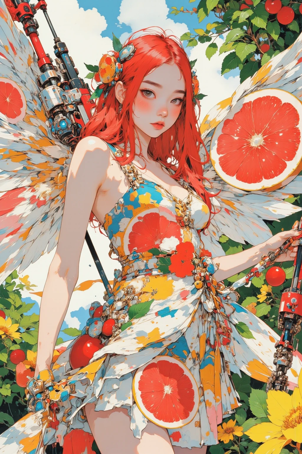 A fairy warrior with fruit motifs: the bow is crafted from vibrant pink ...