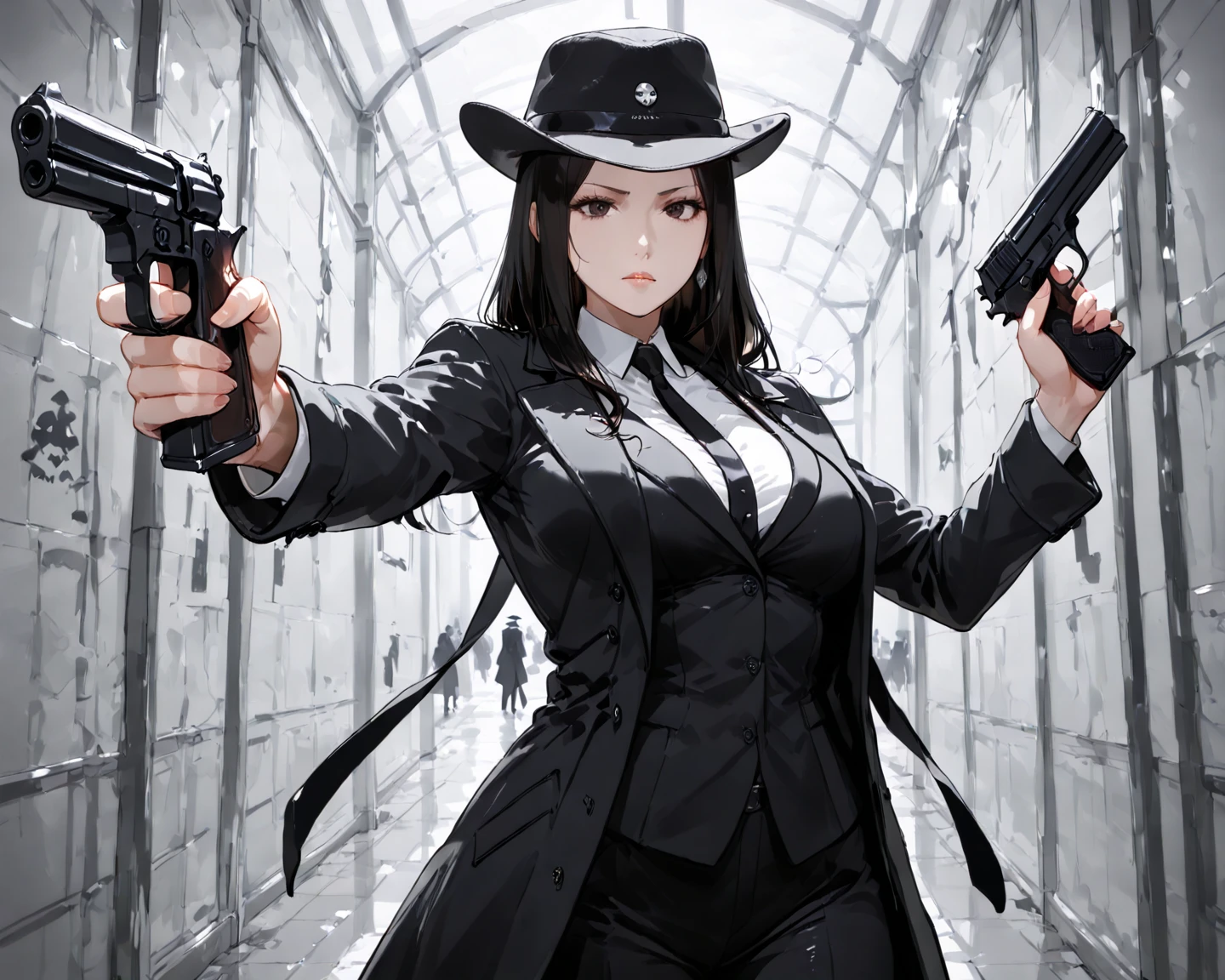A female hitman holds her guns and is wearing a long black coat with a ...