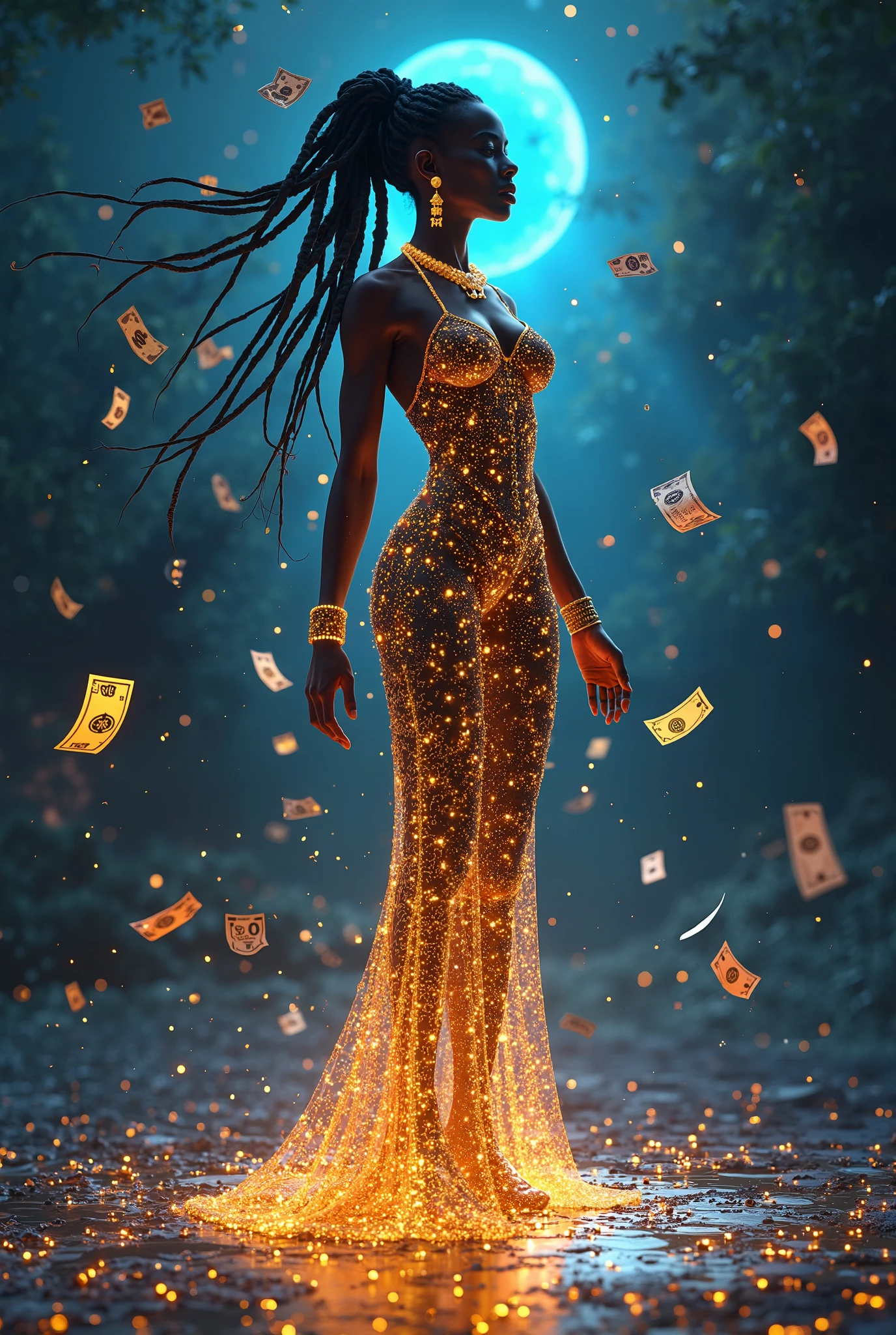 An Afro-futurist Black woman made of flowing binary code ( and 0s - SeaArt AI