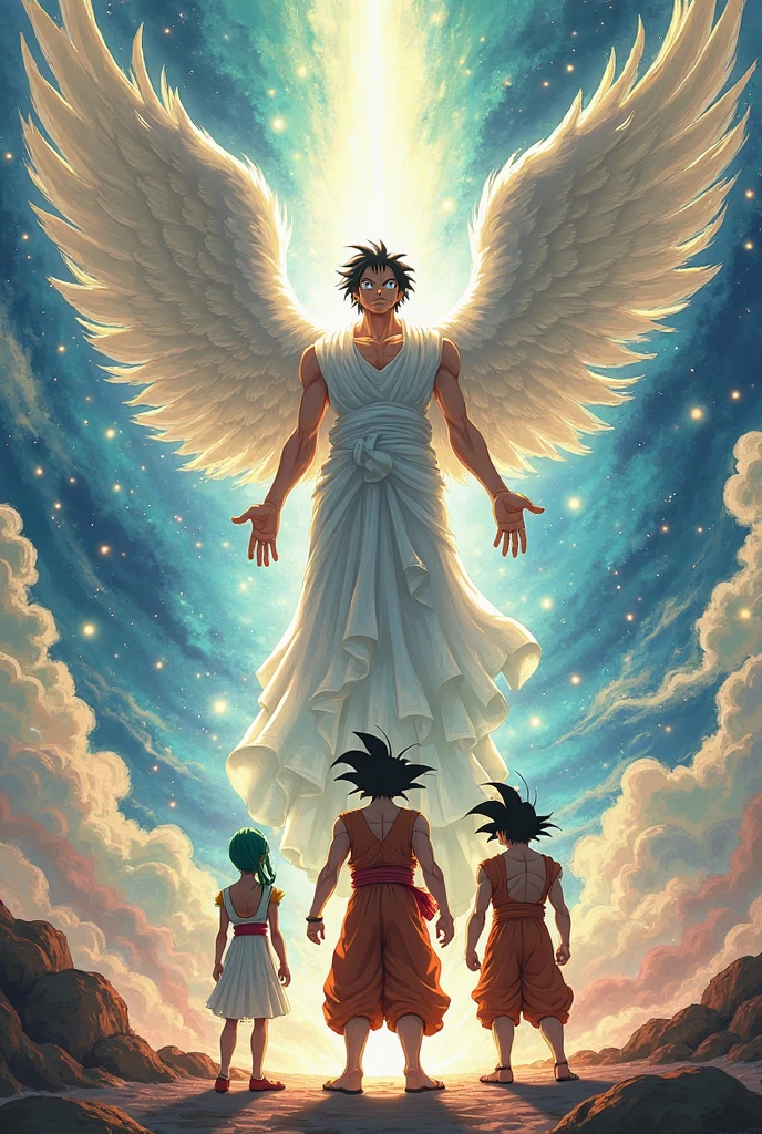 A angel with luffy zoro and goku in the background - SeaArt AI
