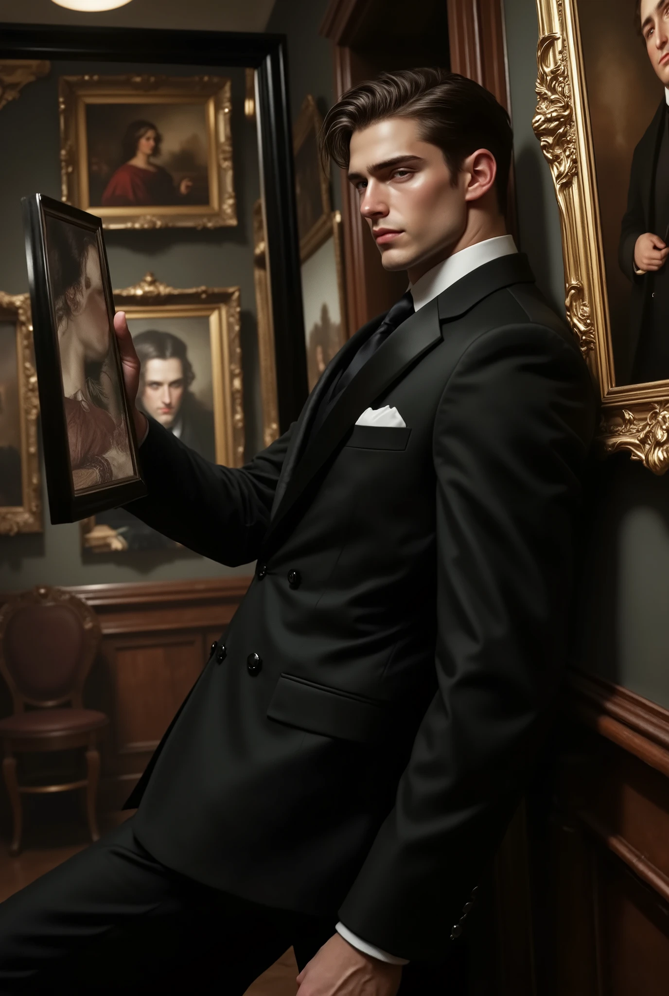 Elegant handsome man in black suit leaning against wall of oil ...