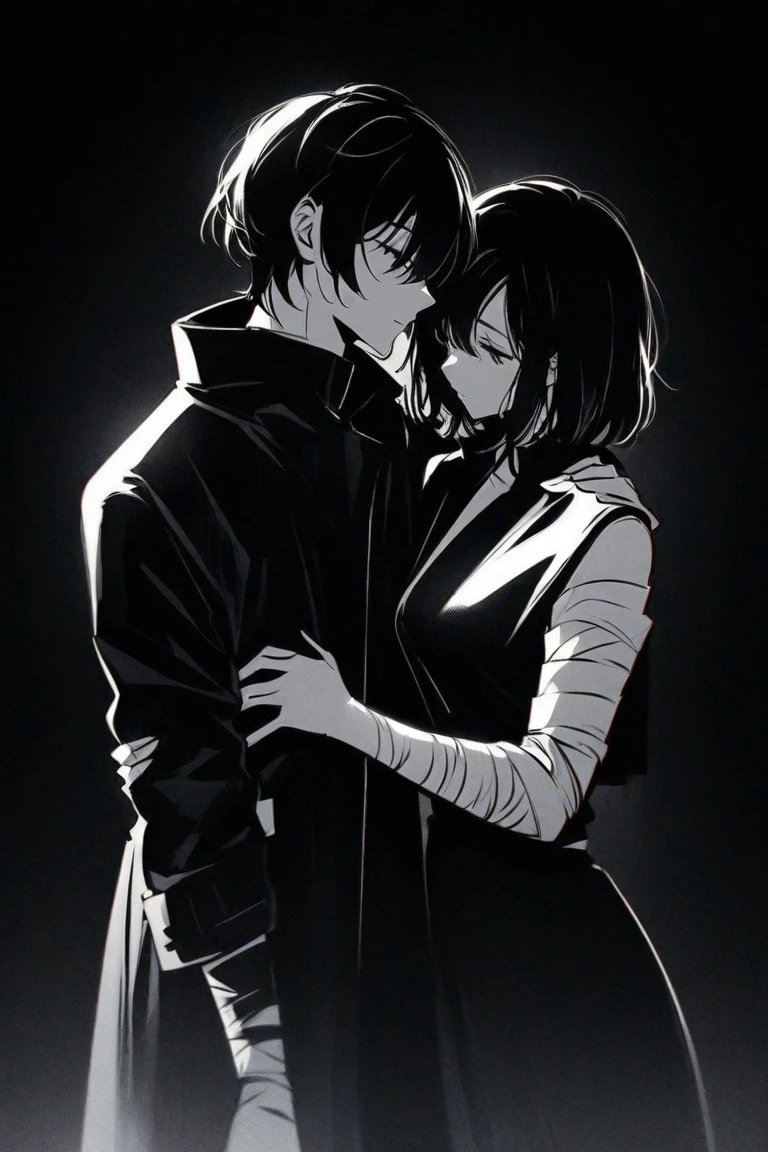 Couple standing together, both with loose, slightly tousled short hair ...