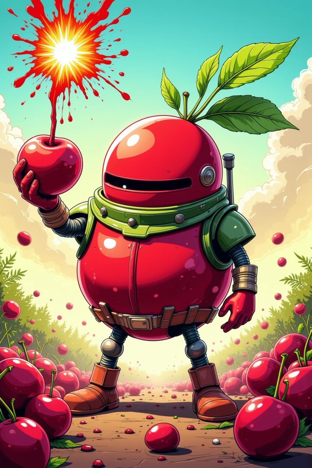 Cartoon of a fruit soldier throwing a cherry bomb, Character has a ...