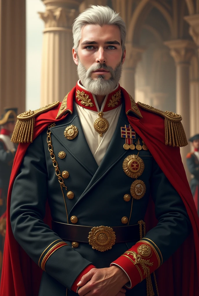A young looking man with white hair and brown beard and wearing a ...
