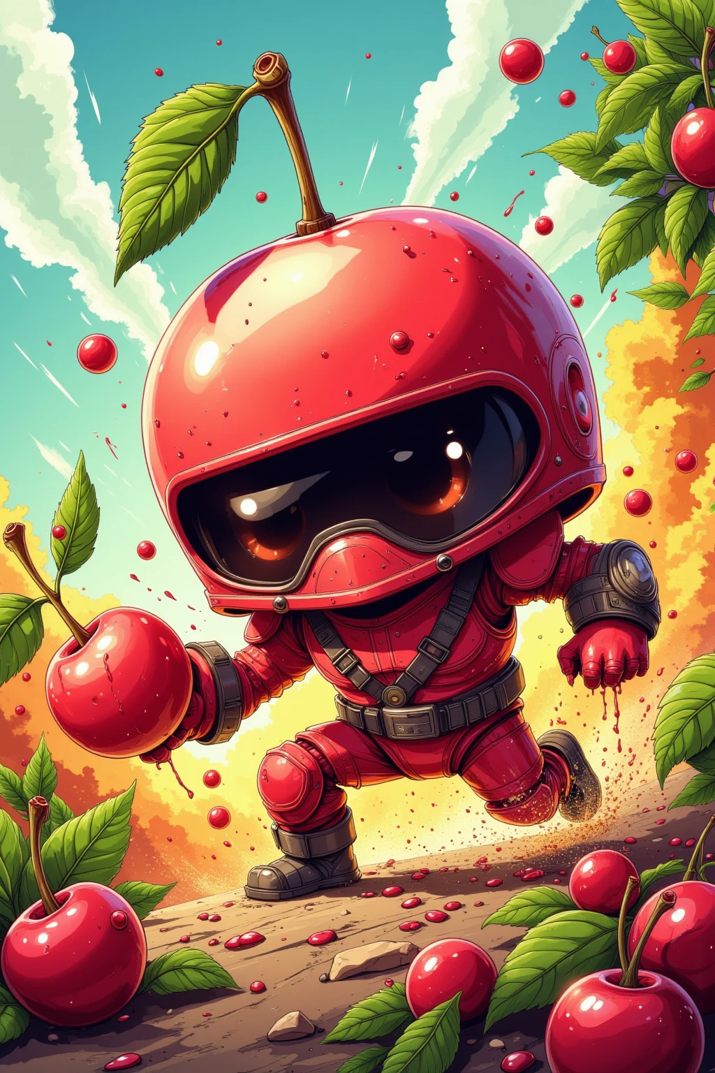 Cartoon of a fruit soldier throwing a cherry bomb, Character has a ...
