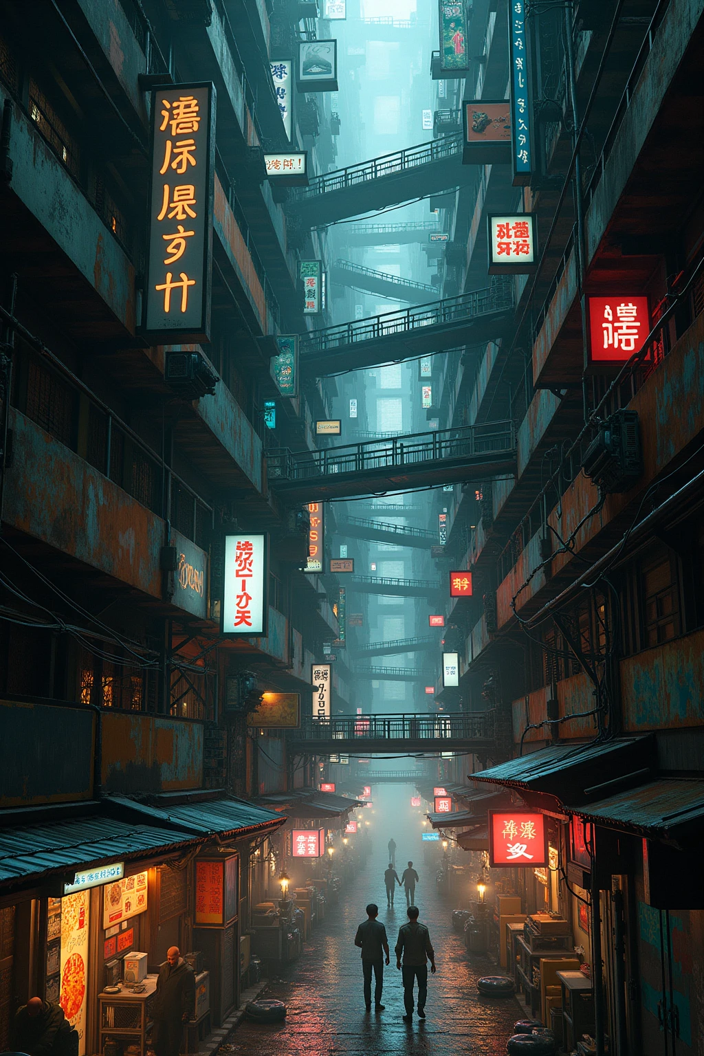 A densely packed cyberpunk cityscape filled with towering buildings ...