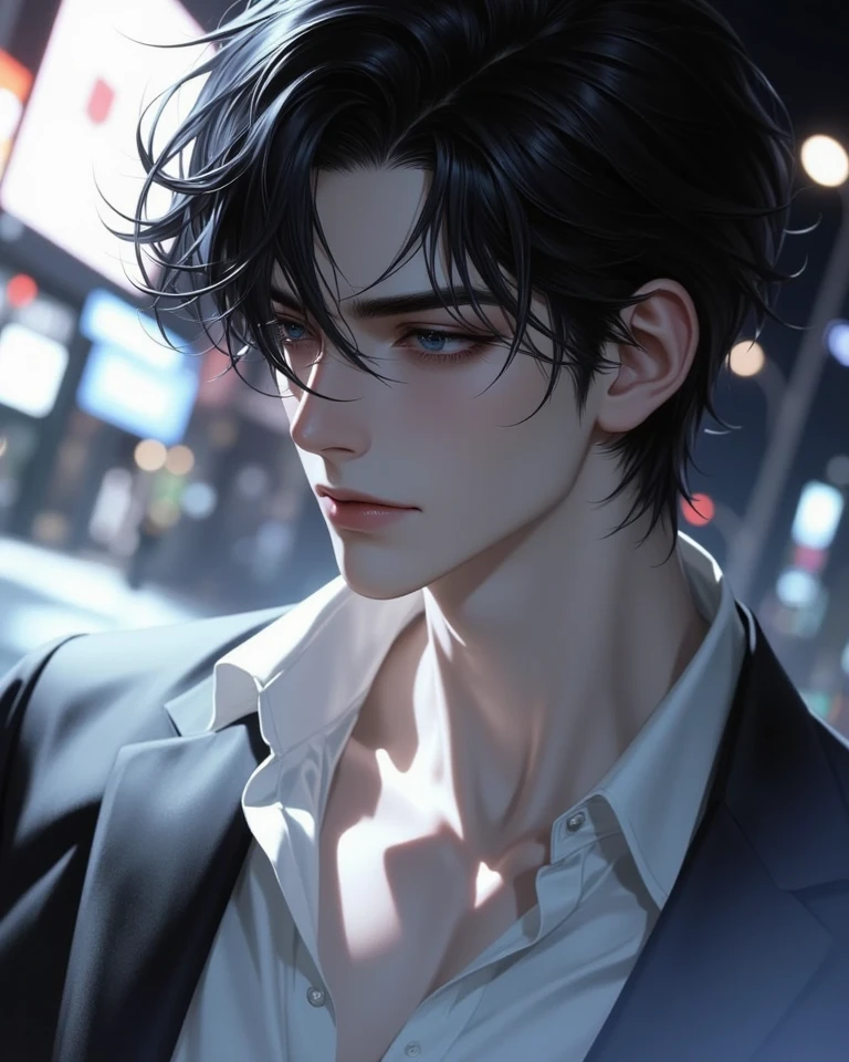 Stylish anime boy standing under city street lights at night - SeaArt AI