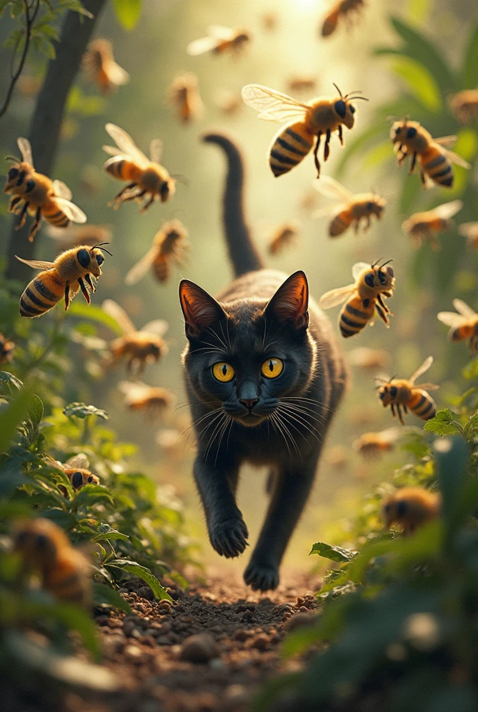 Create a swarm of bees chasing a black cat. - SeaArt AI