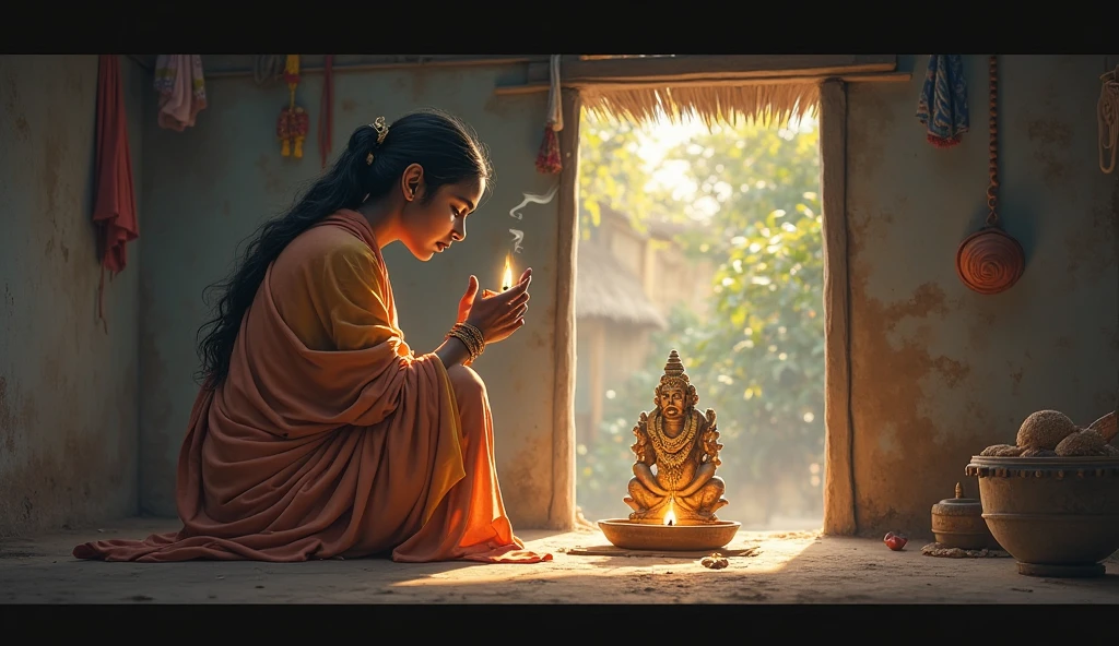 A humble village house in the morning, a devotee lighting diya in front ...