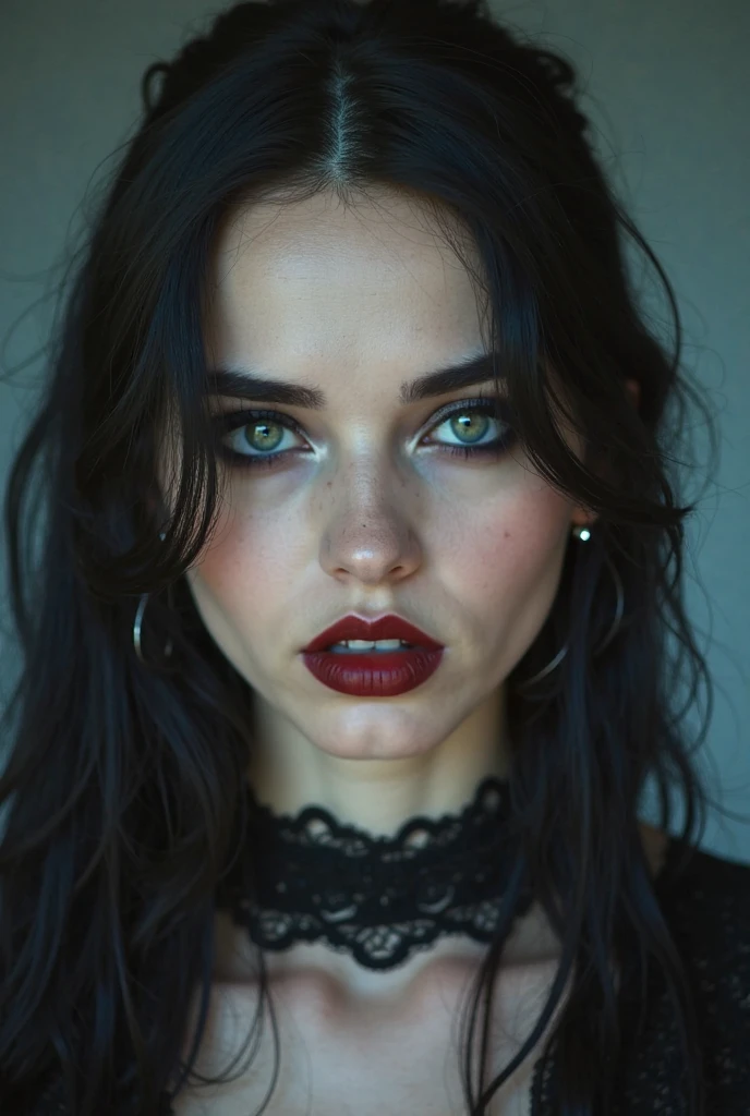 A close-up portrait of a stunning goth girl with a soft yet intense ...