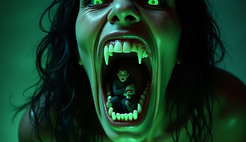 "Close-up of a terrifying, wide-open mouth of a massive, gaunt woman ...